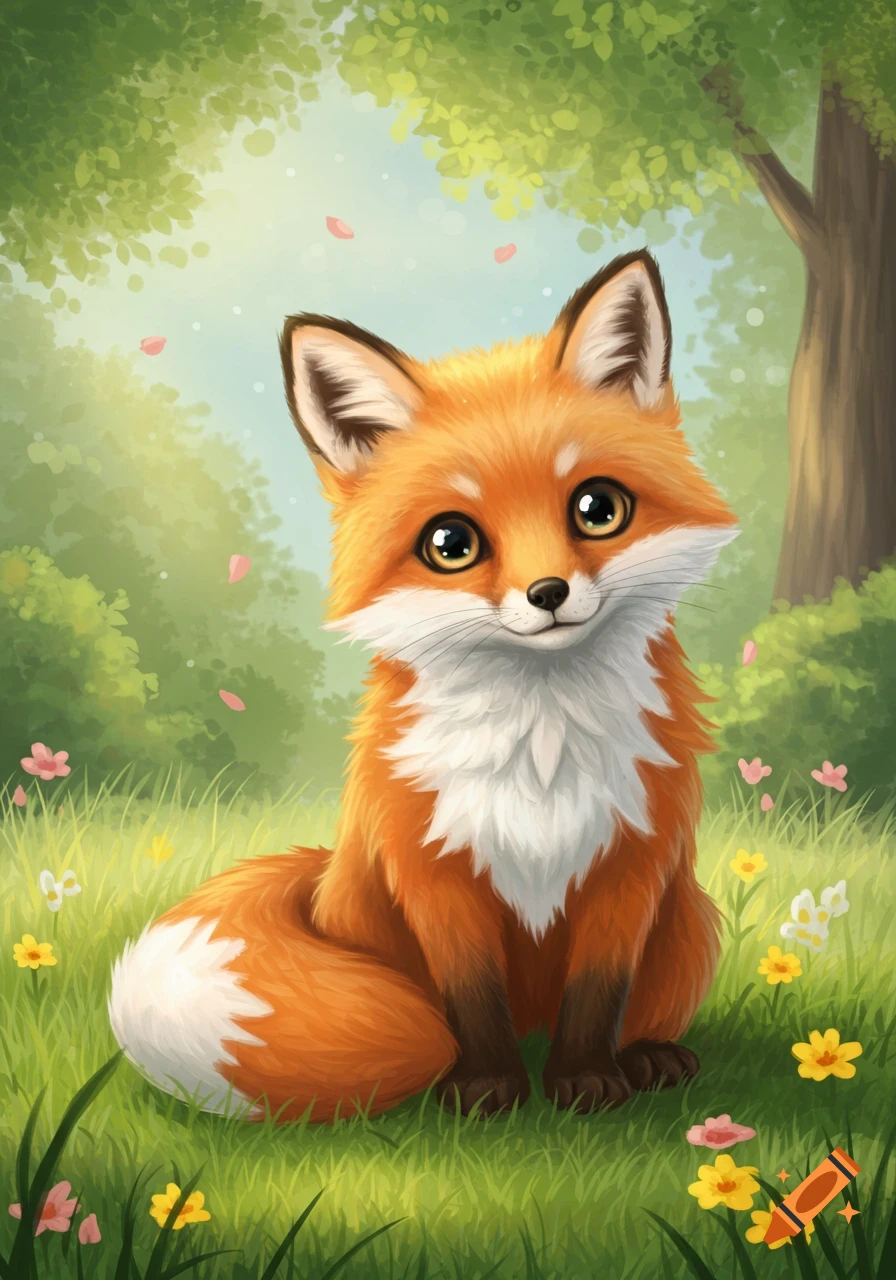 A cute pink fox with white fur on its chest and tail sits in a vibrant ...