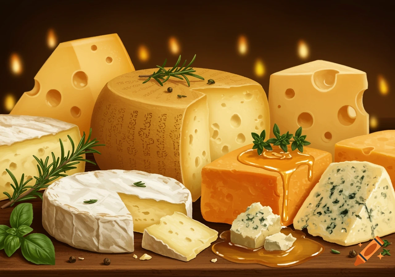 An illustrative painting of an assortment of cheeses, including Swiss ...