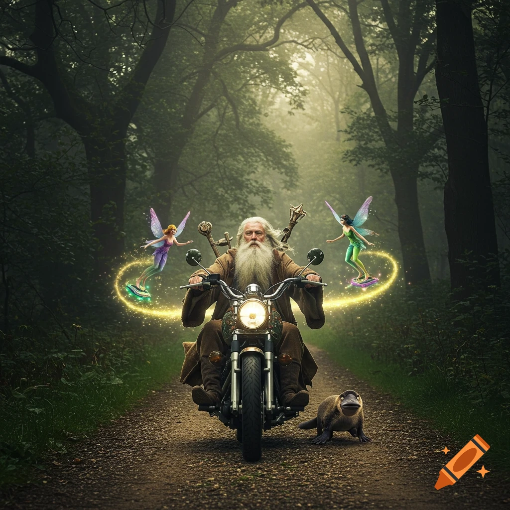 A photorealistic image of an old wizard riding a motorcycle through a ...
