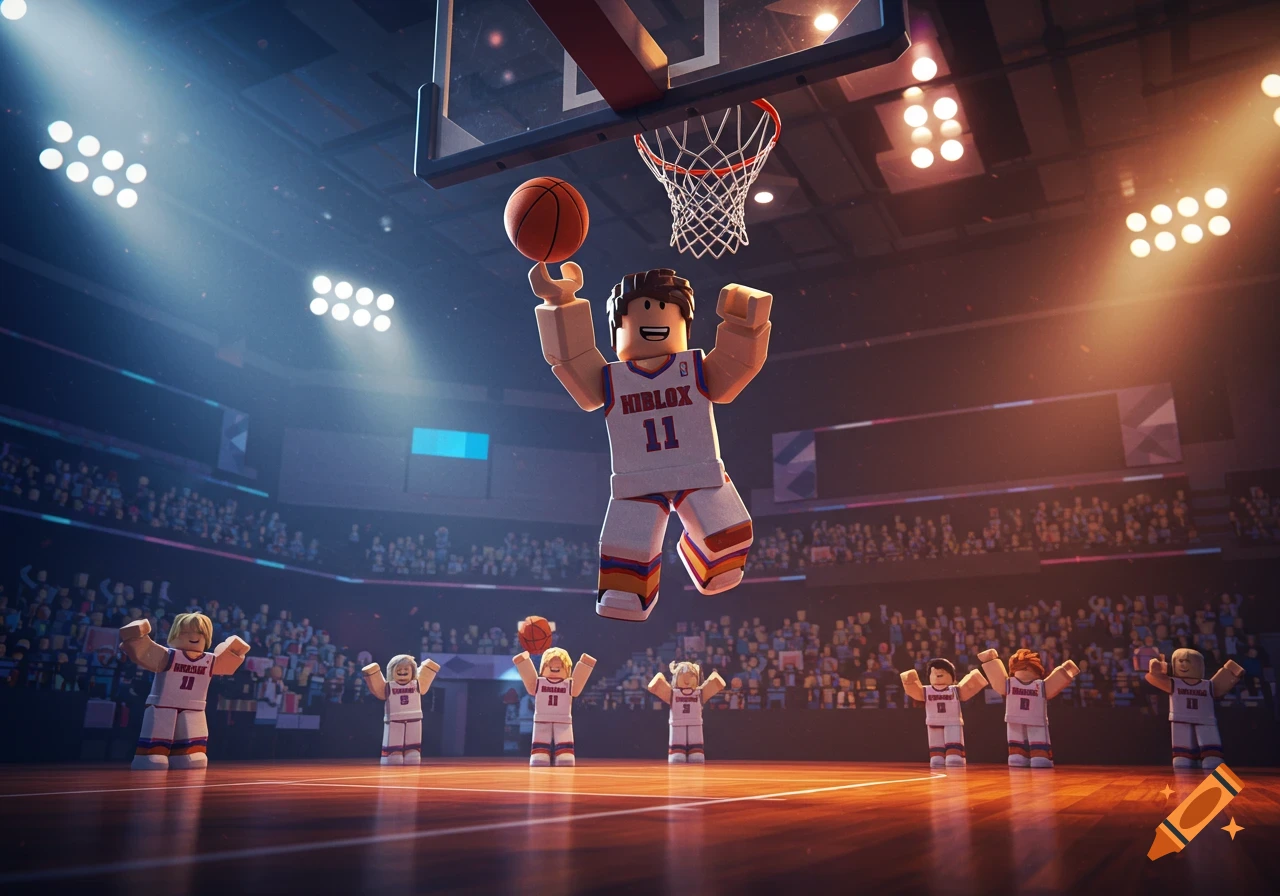 A Roblox-style basketball player leaps to dunk a ball in a brightly lit ...