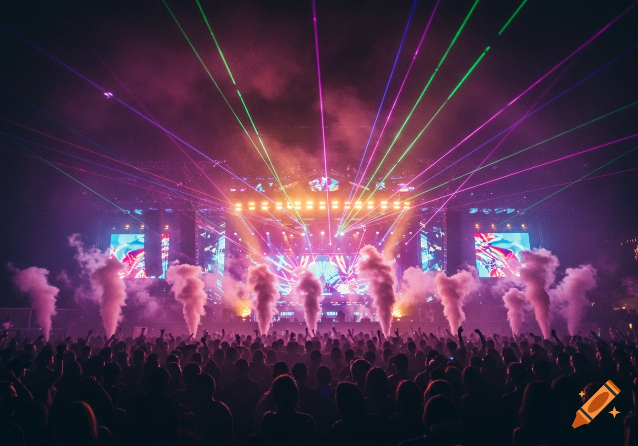 A large crowd at a lively rave concert with colorful laser lights ...