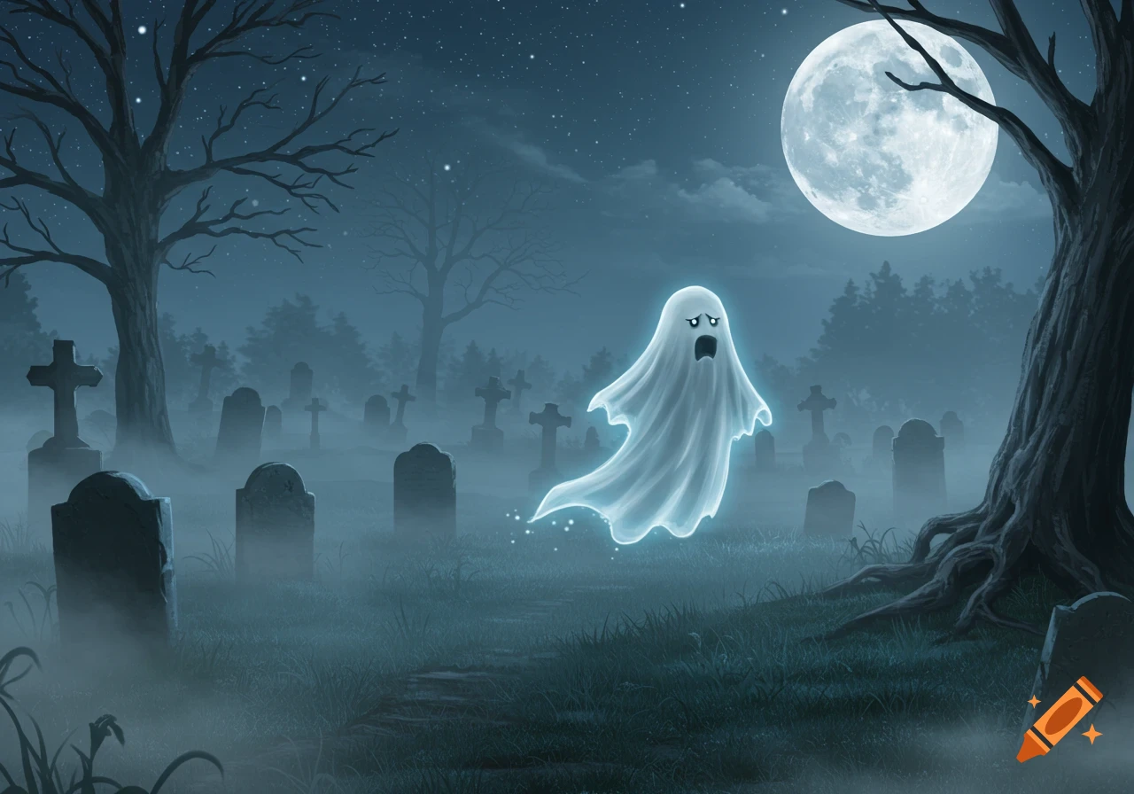 White, glowing ghosts float in a misty graveyard under a full moon ...