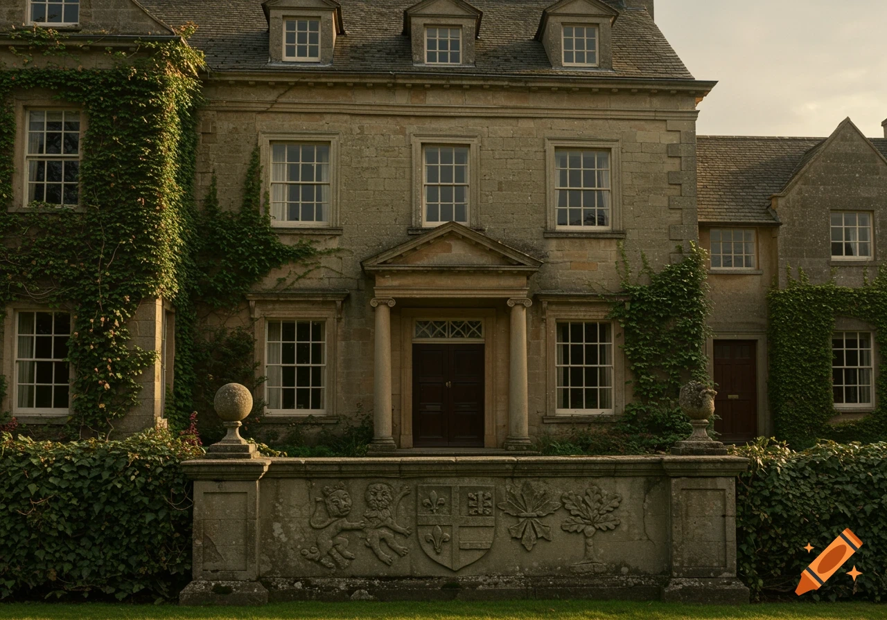 A grand, symmetrical stone manor house with many windows and ivy ...