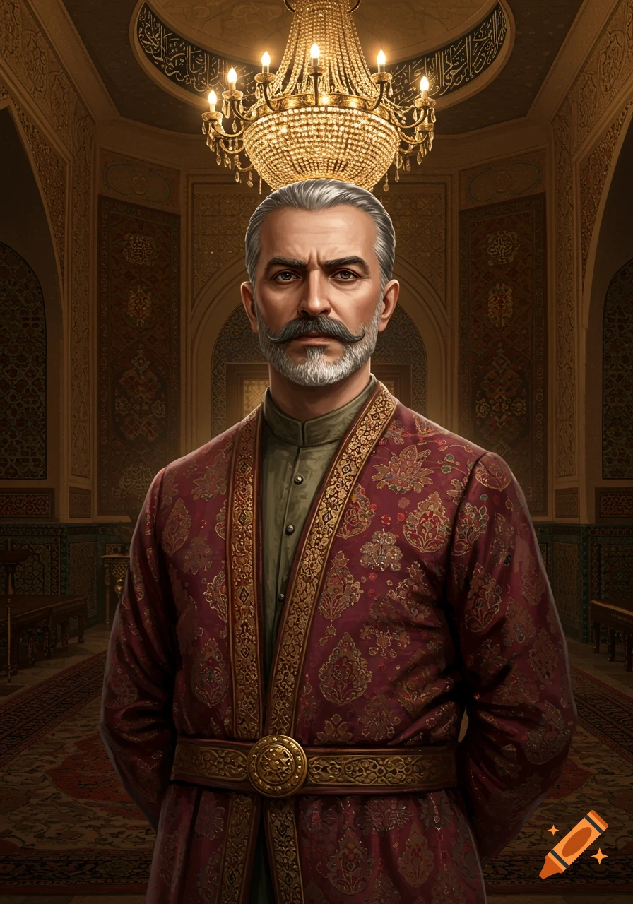 A man and a woman in ornate historical Turkish royal attire stand in a ...