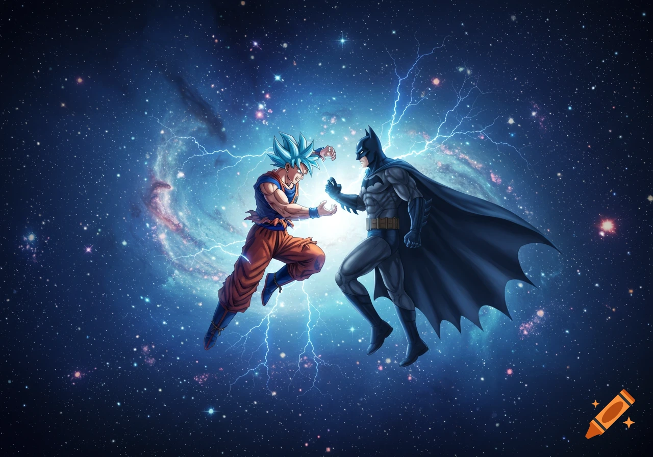 Goku and Batman face each other in a dynamic pose in outer space ...