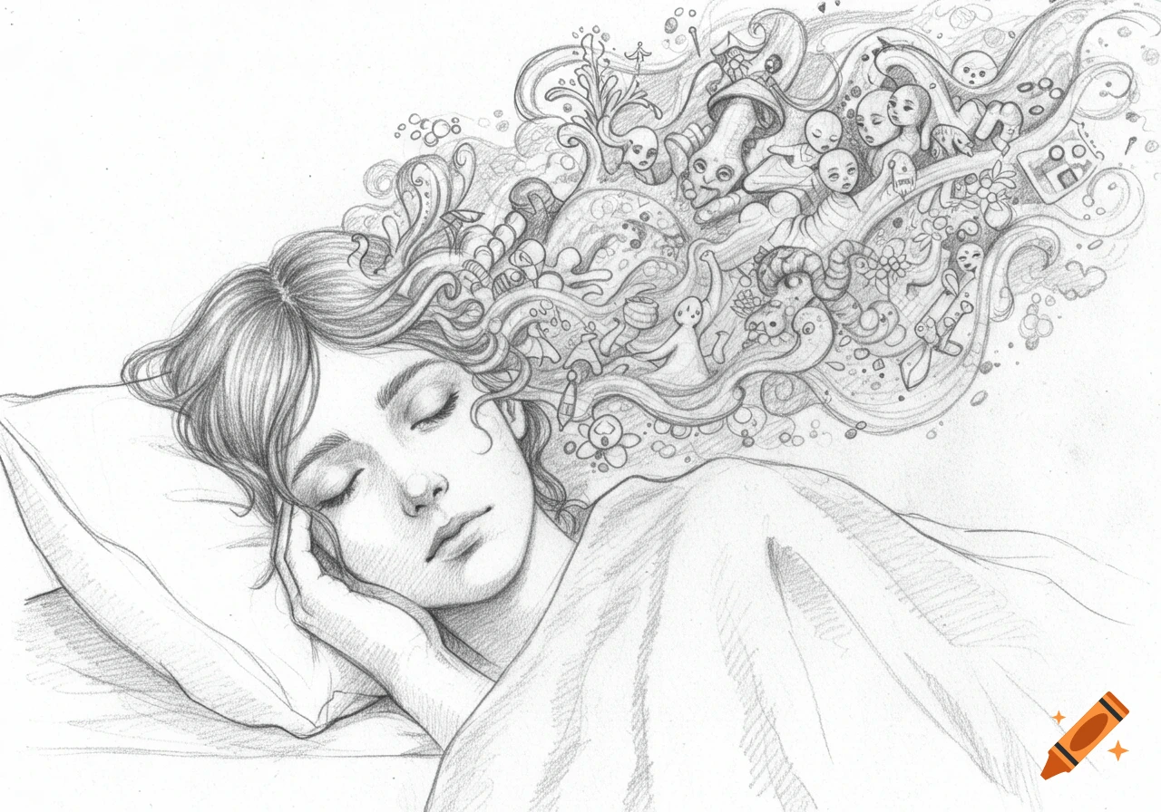 A detailed pencil sketch of a woman sleeping peacefully on a pillow ...