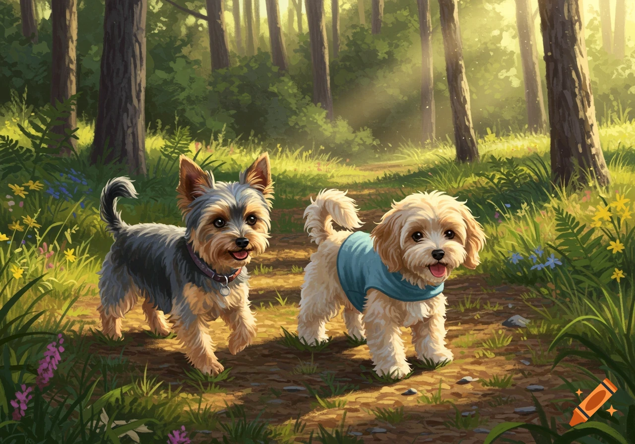 A Yorkshire Terrier and a Cavapoo walk together on a path in a sunlit ...