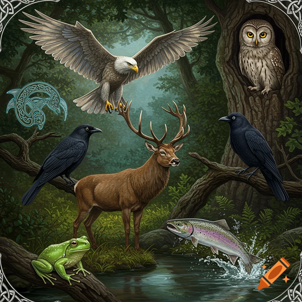 A bear, two wolves, a deer, and two otters gather around a campfire in ...