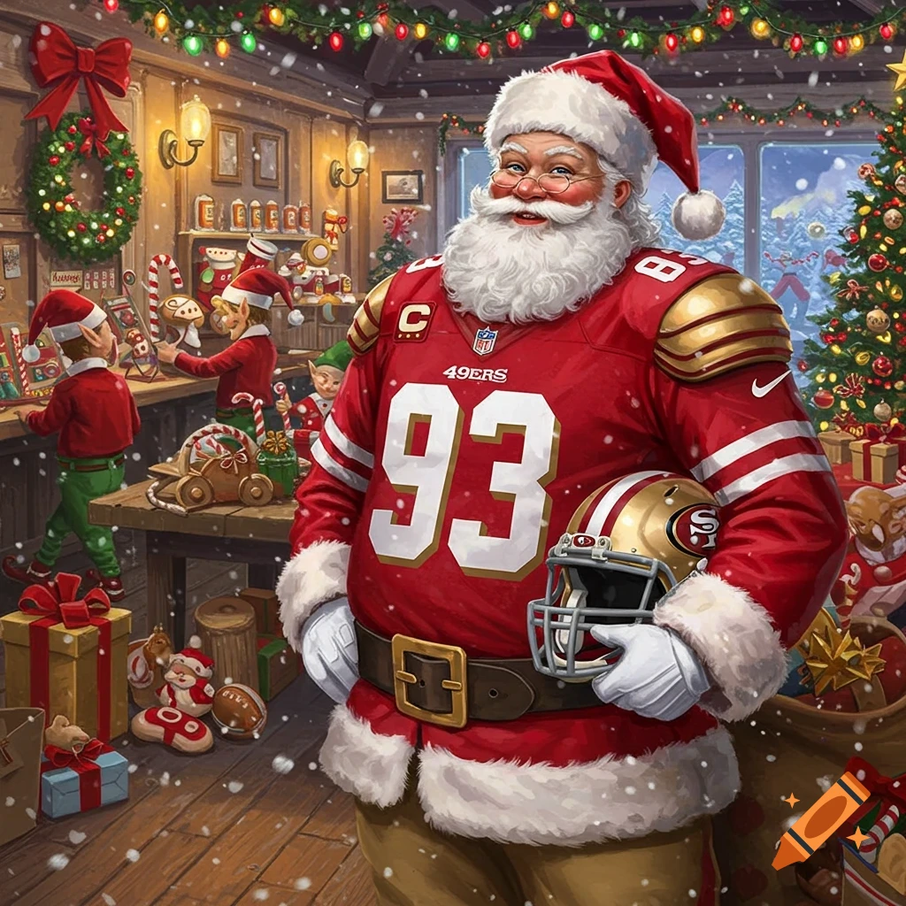 Santa Claus in a red 49ers football jersey and hat, holding a golden ...