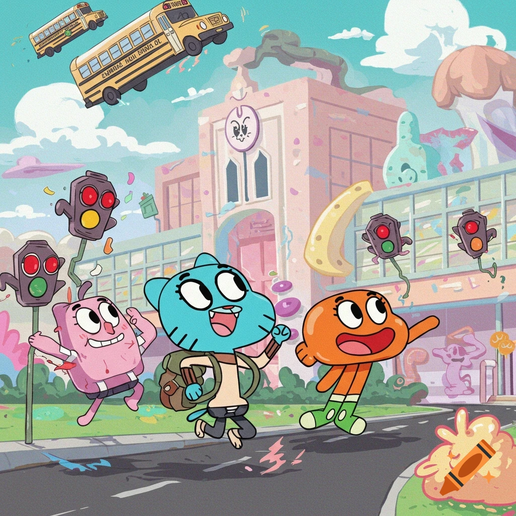 Gumball, Darwin, Ren, and Stimpy pose together in a vibrant, surreal ...