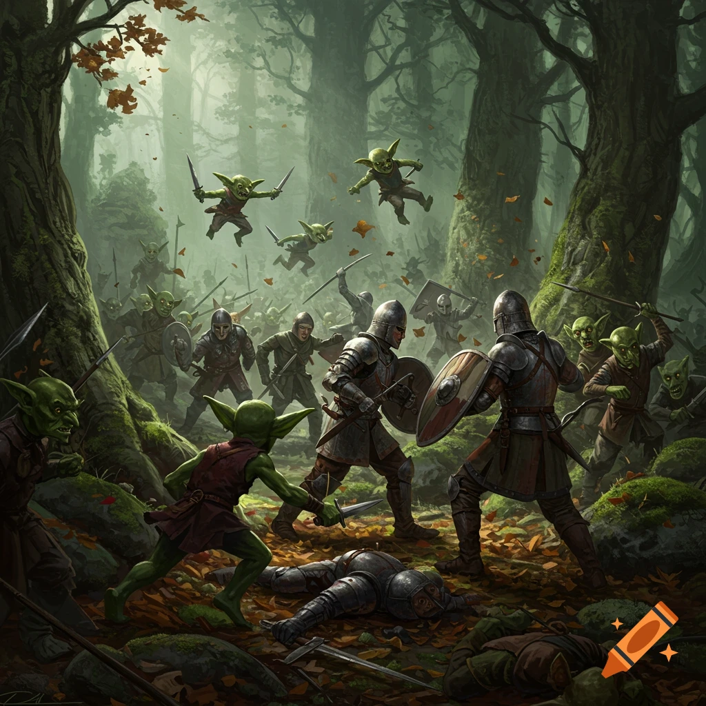 Detailed fantasy painting of medieval knights battling goblins in a ...