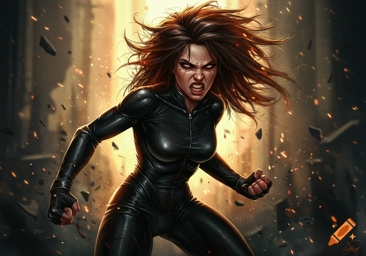 A very angry woman with dark hair in a black suit, fists clenched ...