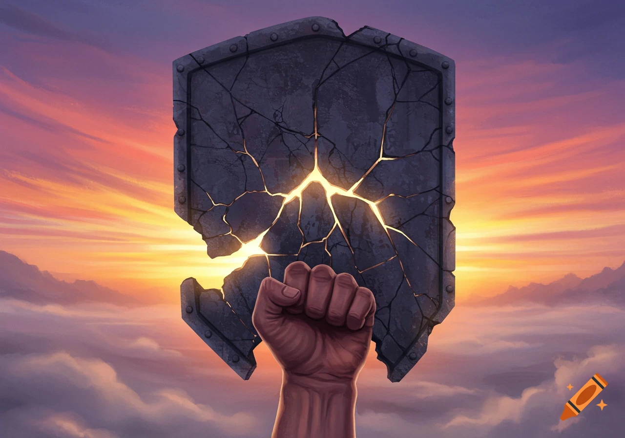 A clenched fist holds a crumbling stone shield with glowing cracks ...