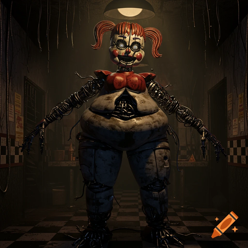 A worn, fat animatronic with red pigtails, a white clown-like face, and ...