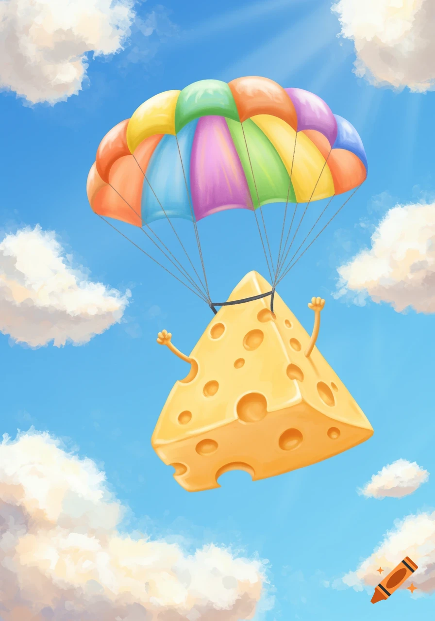 A cheerful, winged block of cheese flies over a flowery field under a ...