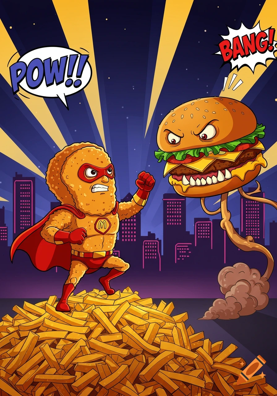 A superhero chicken nugget fights an evil burger on a pile of fries in ...