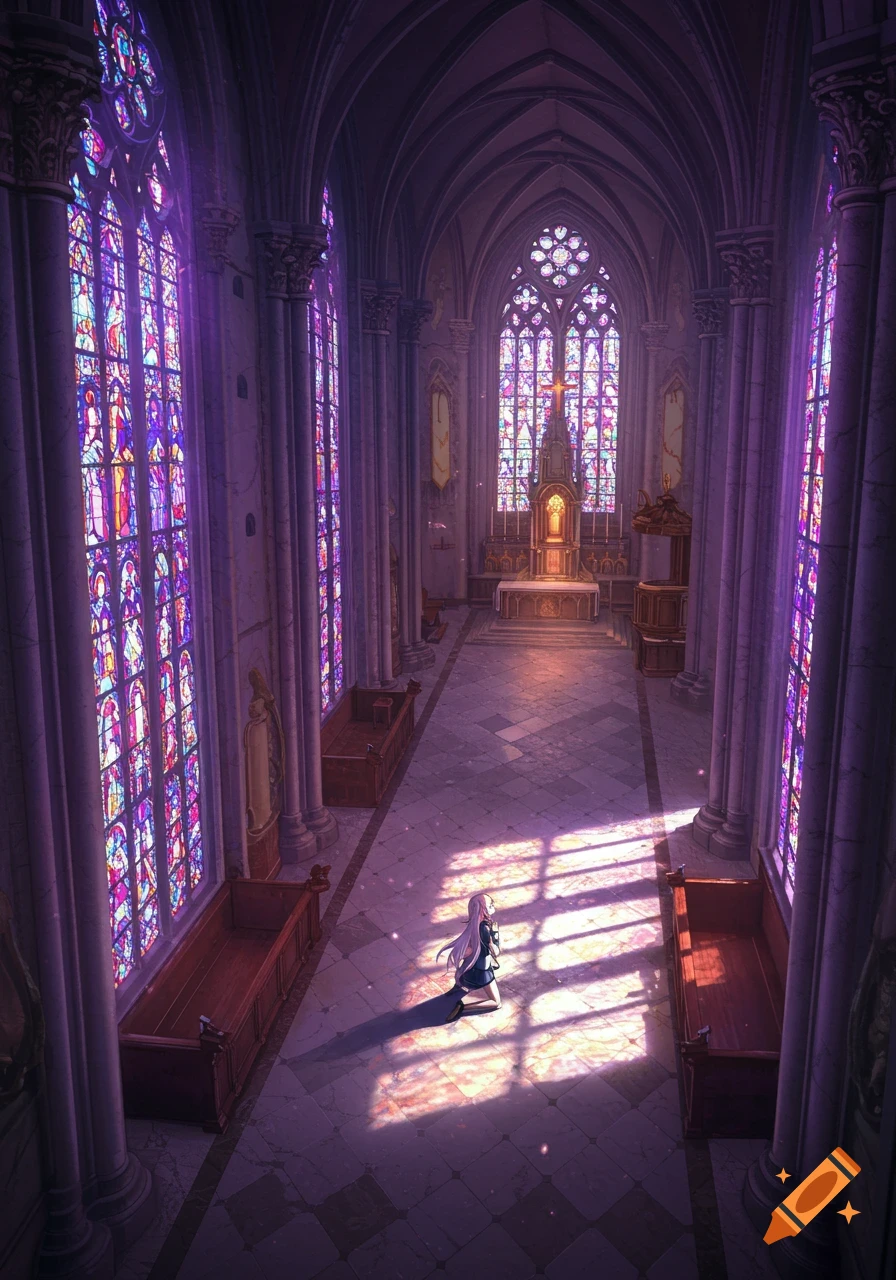 Anime-styled person kneels in prayer inside a grand purple cathedral ...