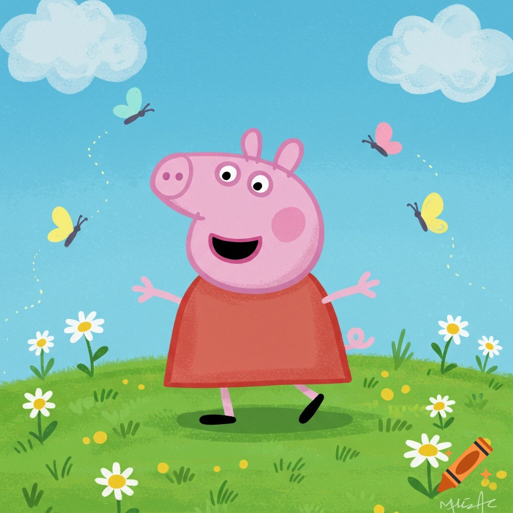 A cartoon Peppa Pig with a small head stands in a green field with ...