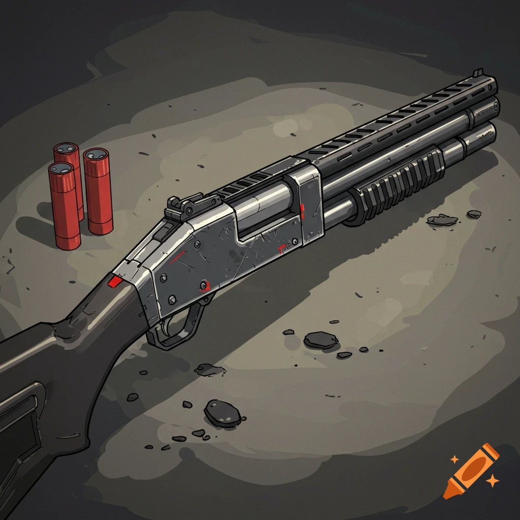 A cel-shaded pump-action shotgun lies on a dark, textured surface next ...