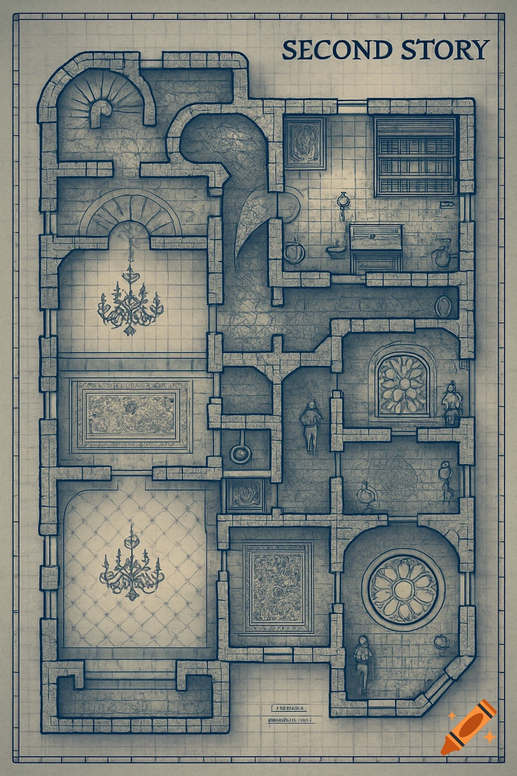 An overhead view of a detailed dungeon and dragons castle second story ...