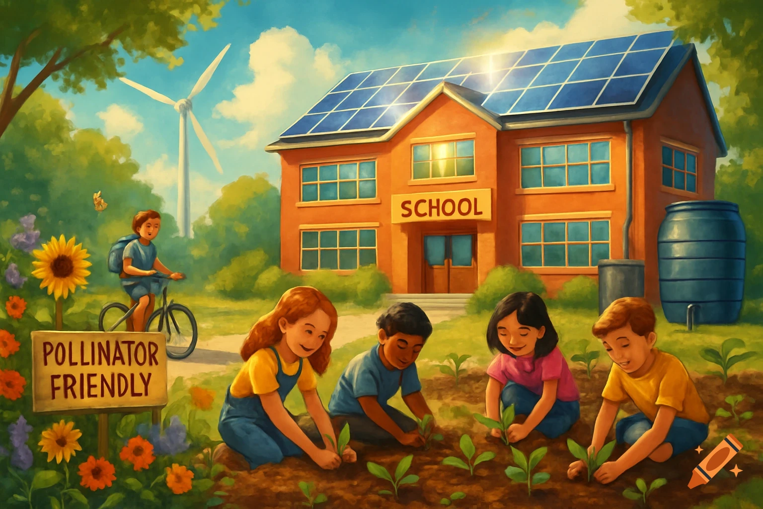 A painted illustration of a school with solar panels and a wind turbine ...