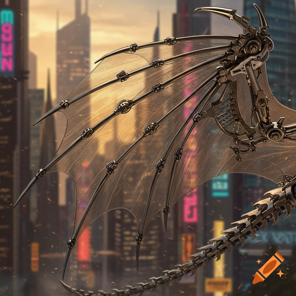 A detailed close-up of a mechanical dragon wing and tail against a ...