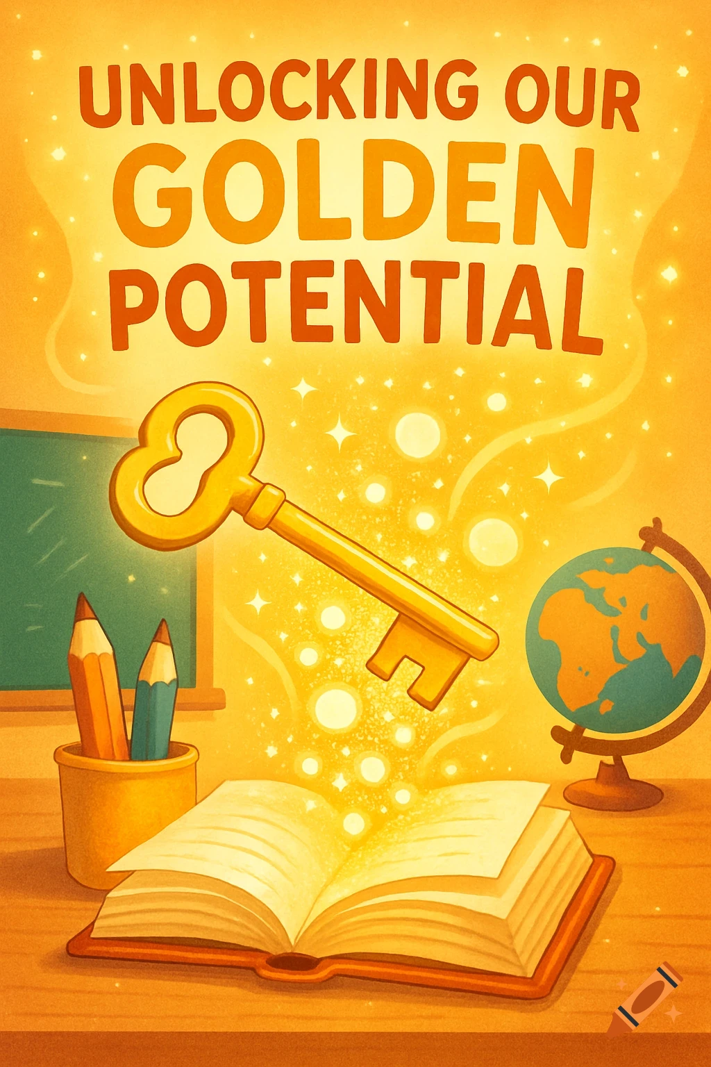 Illustrated poster with 'UNLOCKING OUR GOLDEN POTENTIAL' text, a golden ...