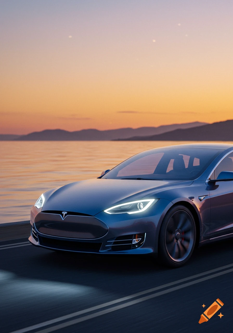 A silver Tesla car drives on a coastal road next to a sandy beach under ...
