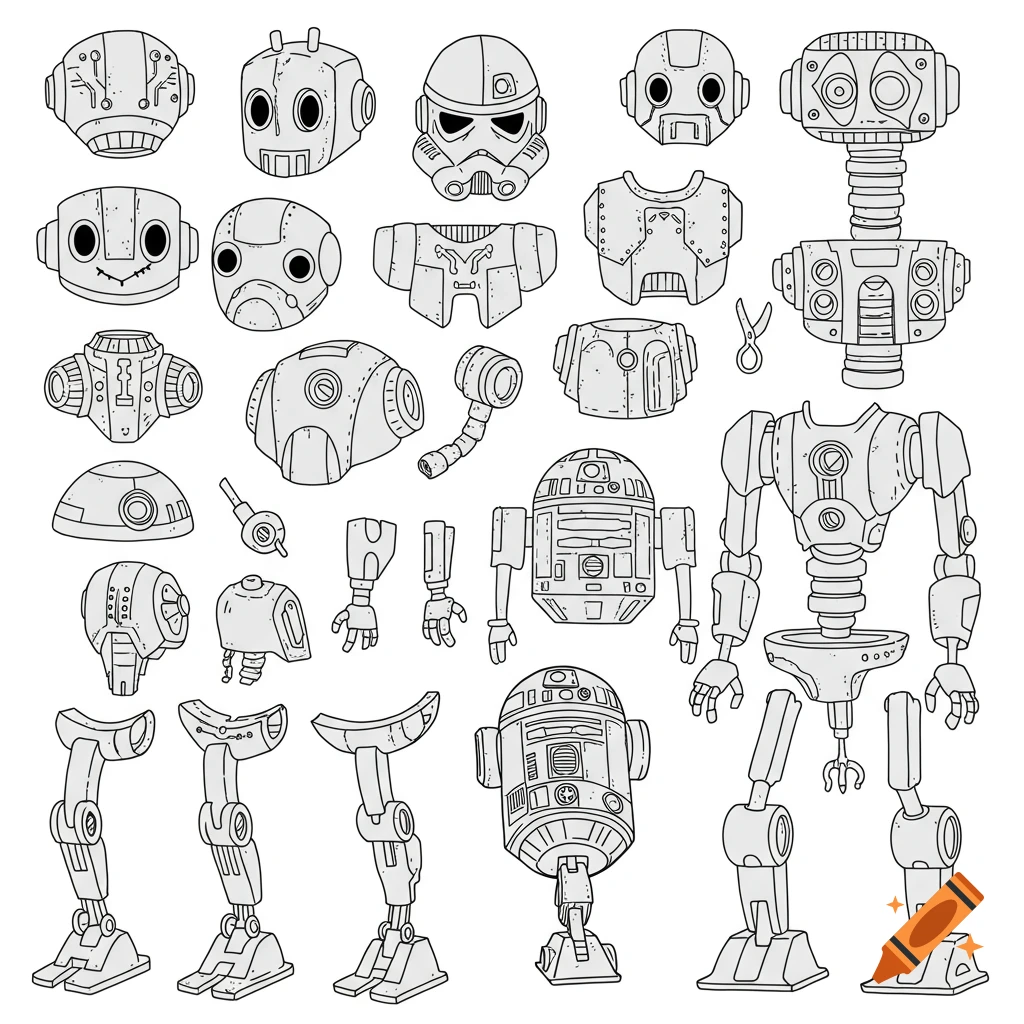 Line art drawings of various robot and droid body parts on a white ...
