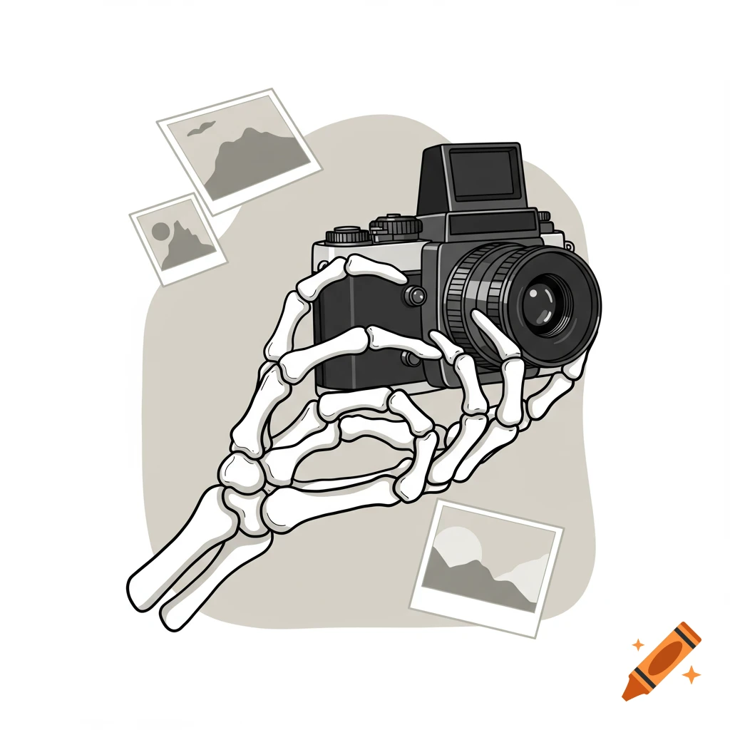 A stylized illustration of a white skeletal hand holding a vintage ...