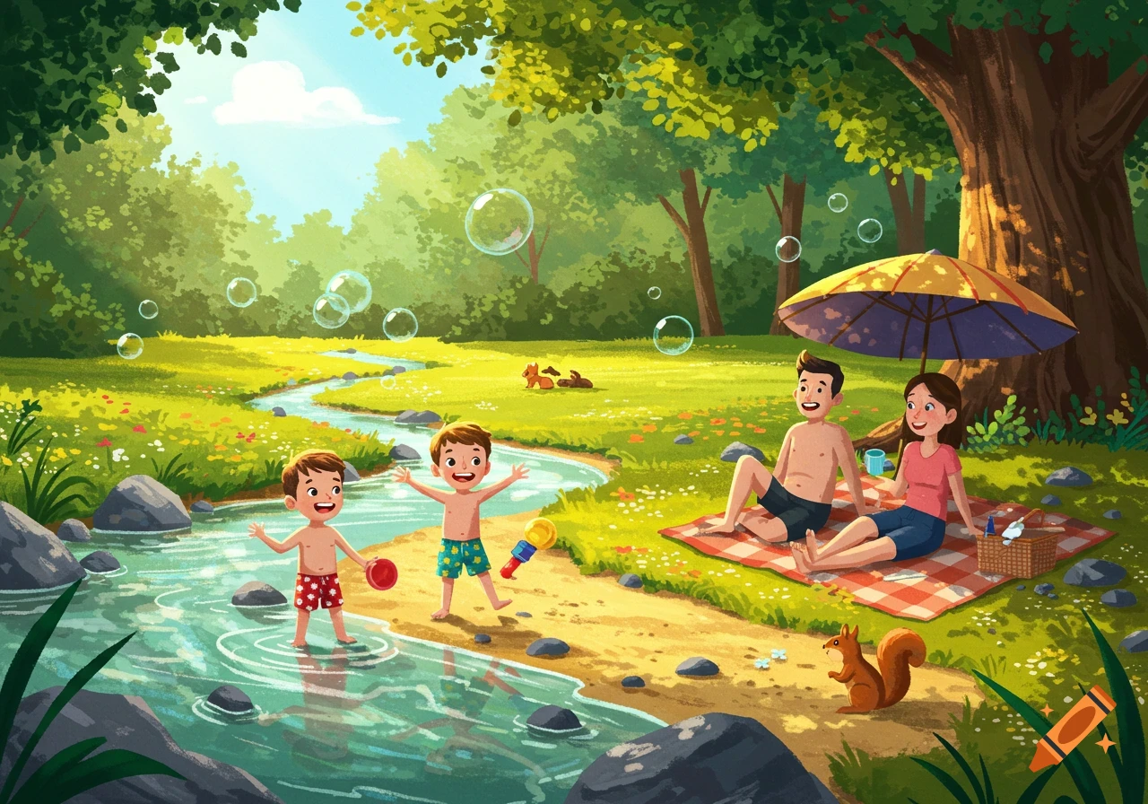 Cartoon family picnic in a green park with a stream. Two boys play in ...