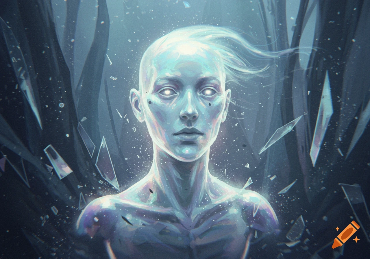 A chilling illustration of a female monster with glowing eyes, breaking ...