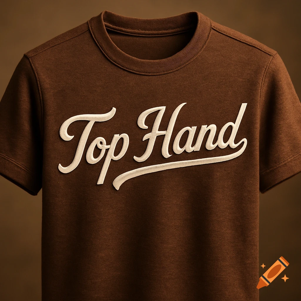 A brown t-shirt with 'Top Hand' printed in white cursive lettering. on ...