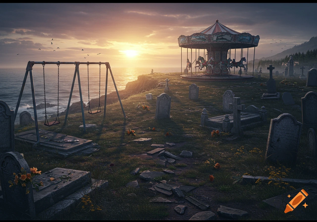 A swing set and a carousel in an abandoned cemetery on a cliff ...
