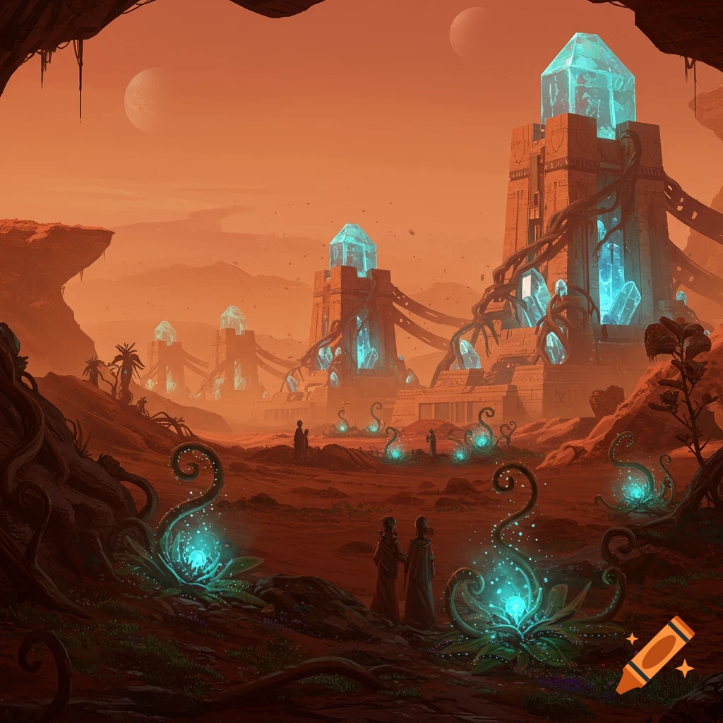 A sketchy ink illustration from a space station window showing a grand ...