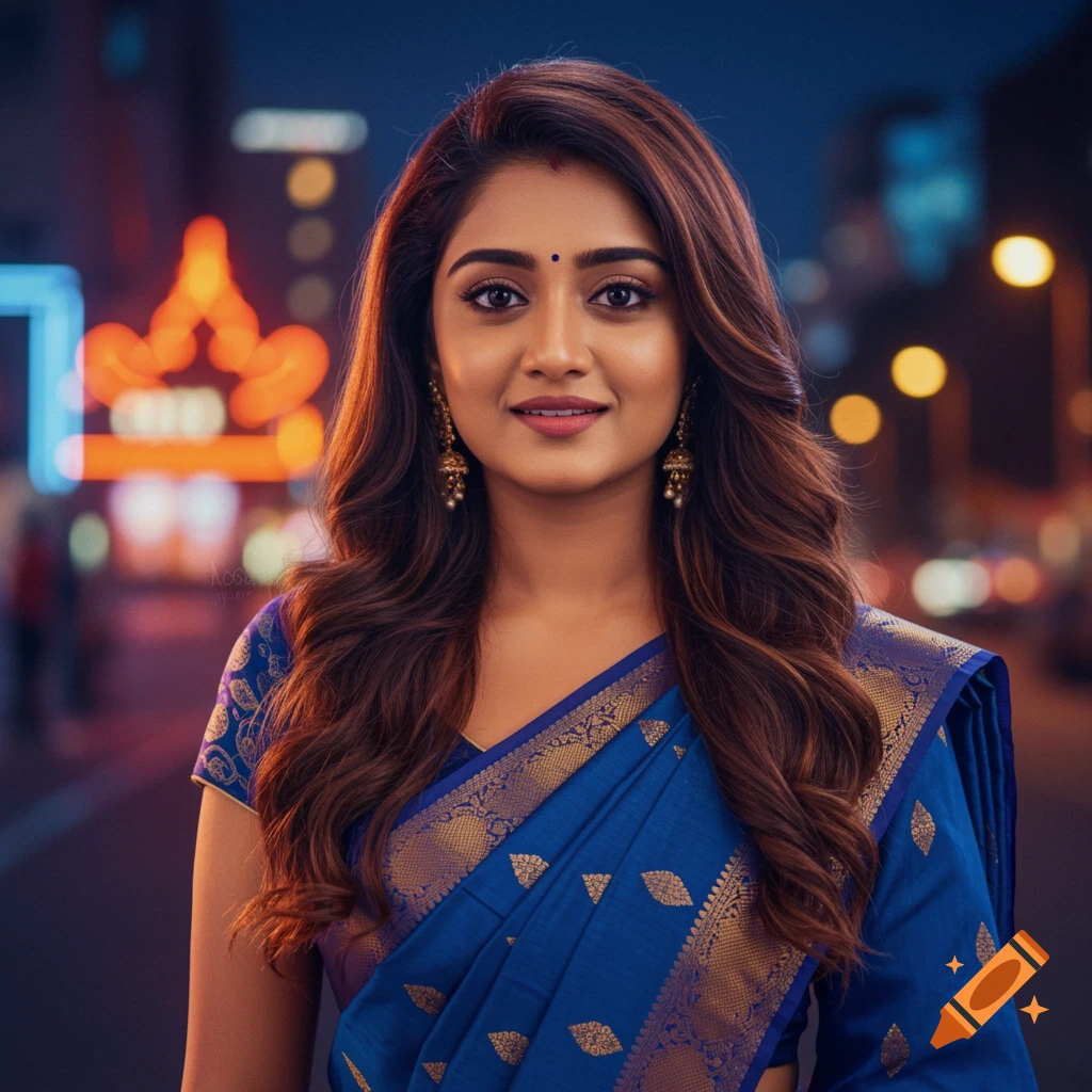 A beautiful Indian woman with long wavy hair, wearing a blue and gold ...