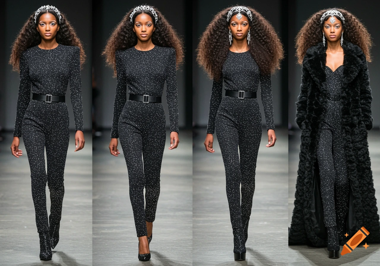Four models on a runway wearing sparkly black jumpsuits. Two wear ...