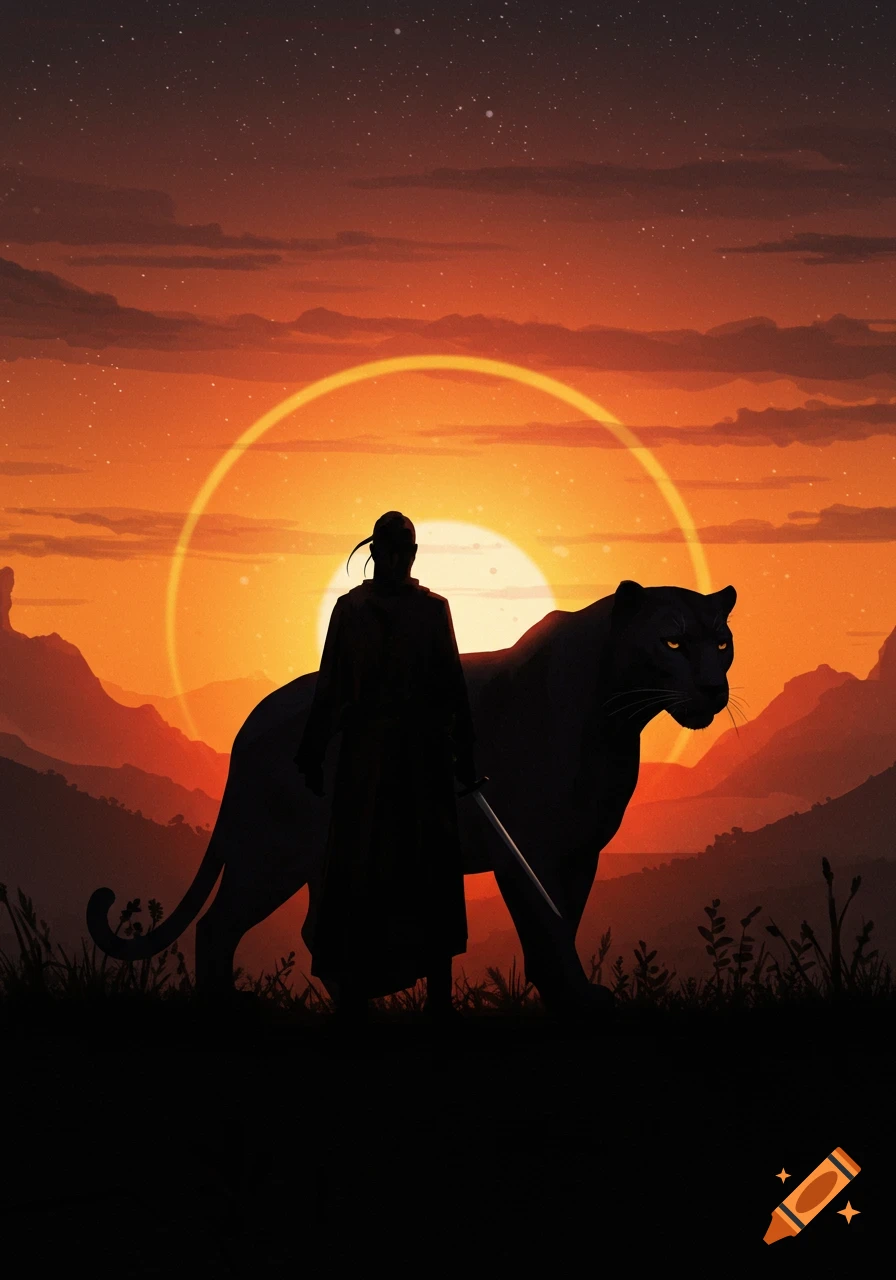Silhouette of a robed person with a sword and a black panther against a ...