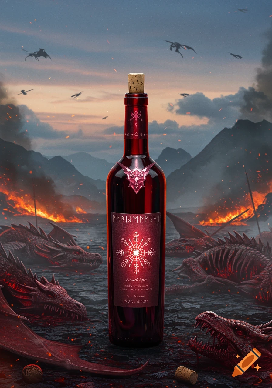 A red wine bottle with a mystical label stands amidst dead dragons and ...