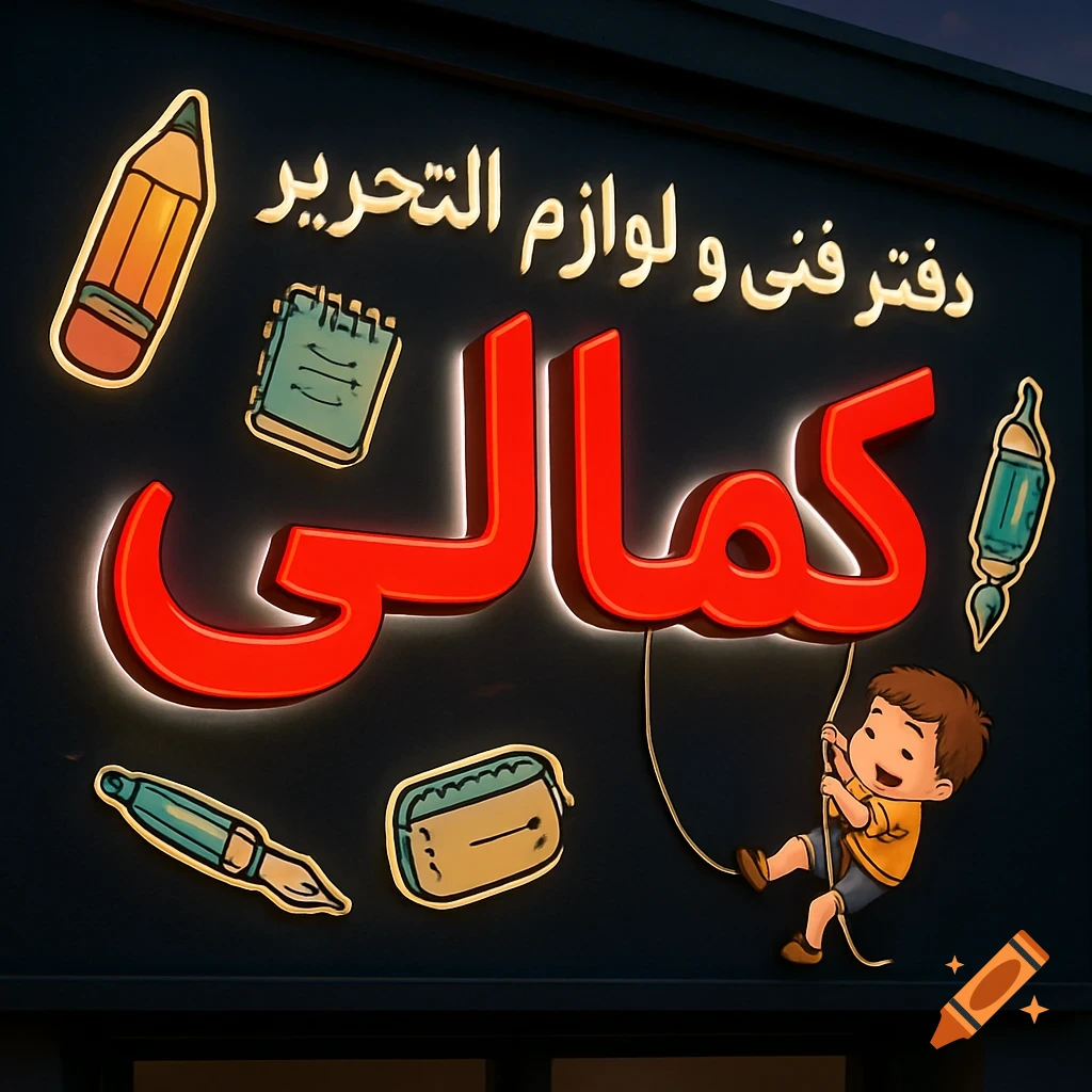 A vibrant 3D storefront sign in Farsi with glowing red letters and a ...
