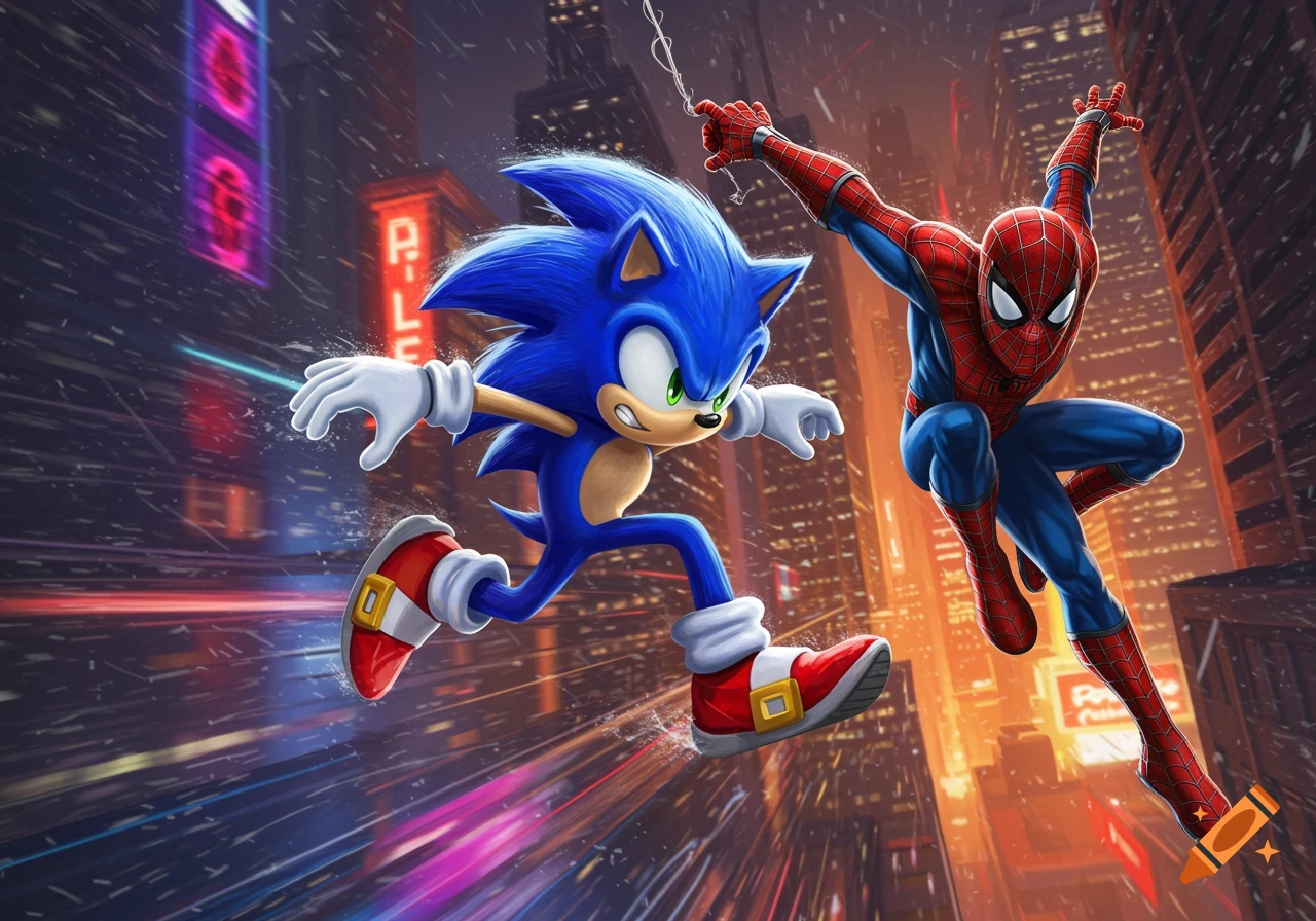 Sonic the Hedgehog races forward with motion blur while Spider-Man ...