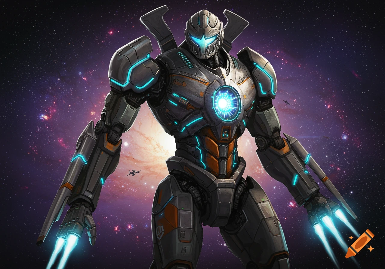 A powerful grey and orange robot, a Jaeger, with glowing blue lights on ...