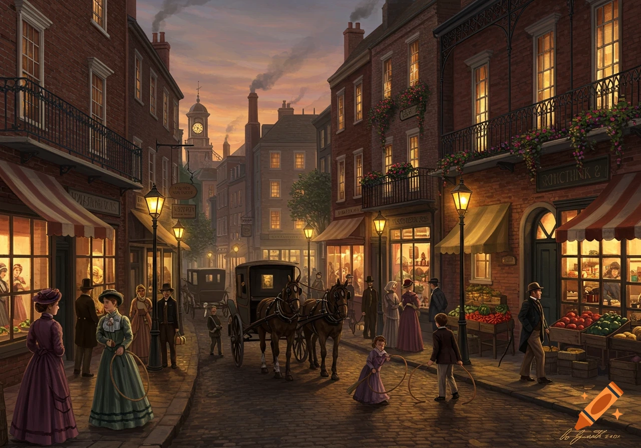 A bustling Victorian main street with elegant buildings, cobblestones ...