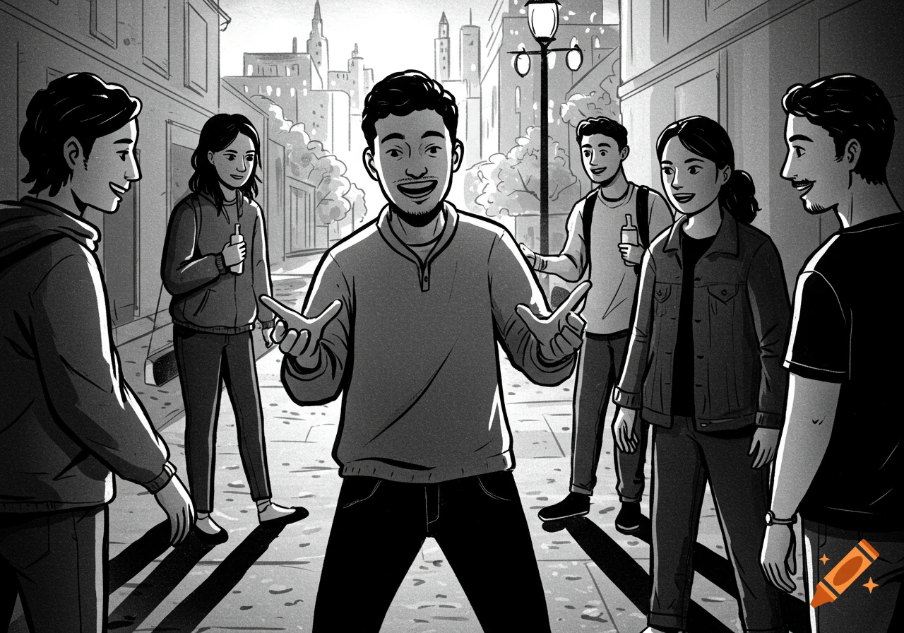 Grayscale illustration of a sad young man at a table with his somber ...