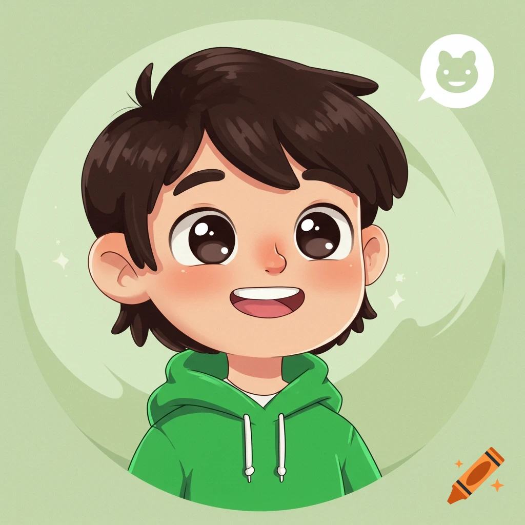 A friendly cartoon portrait of a young man with wavy black hair and a ...