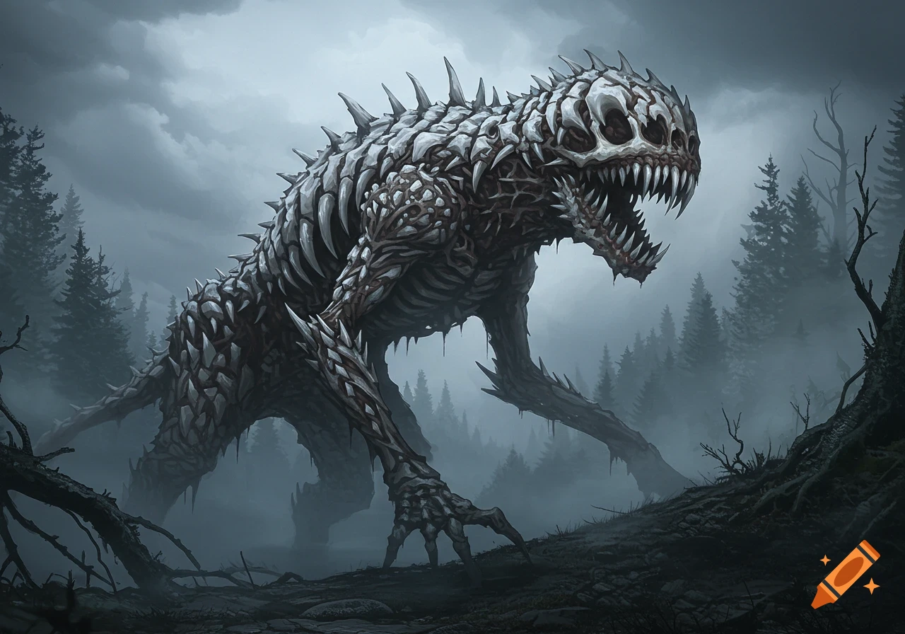 A terrifying skeletal monster with sharp teeth and spikes stands in a ...
