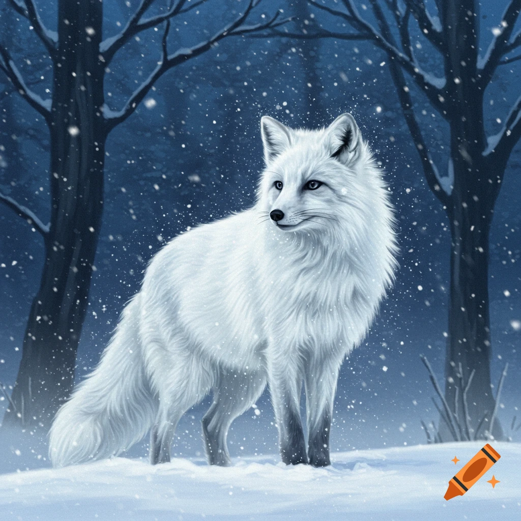 A white wolf and a red fox cuddle closely in a snowy forest with ...