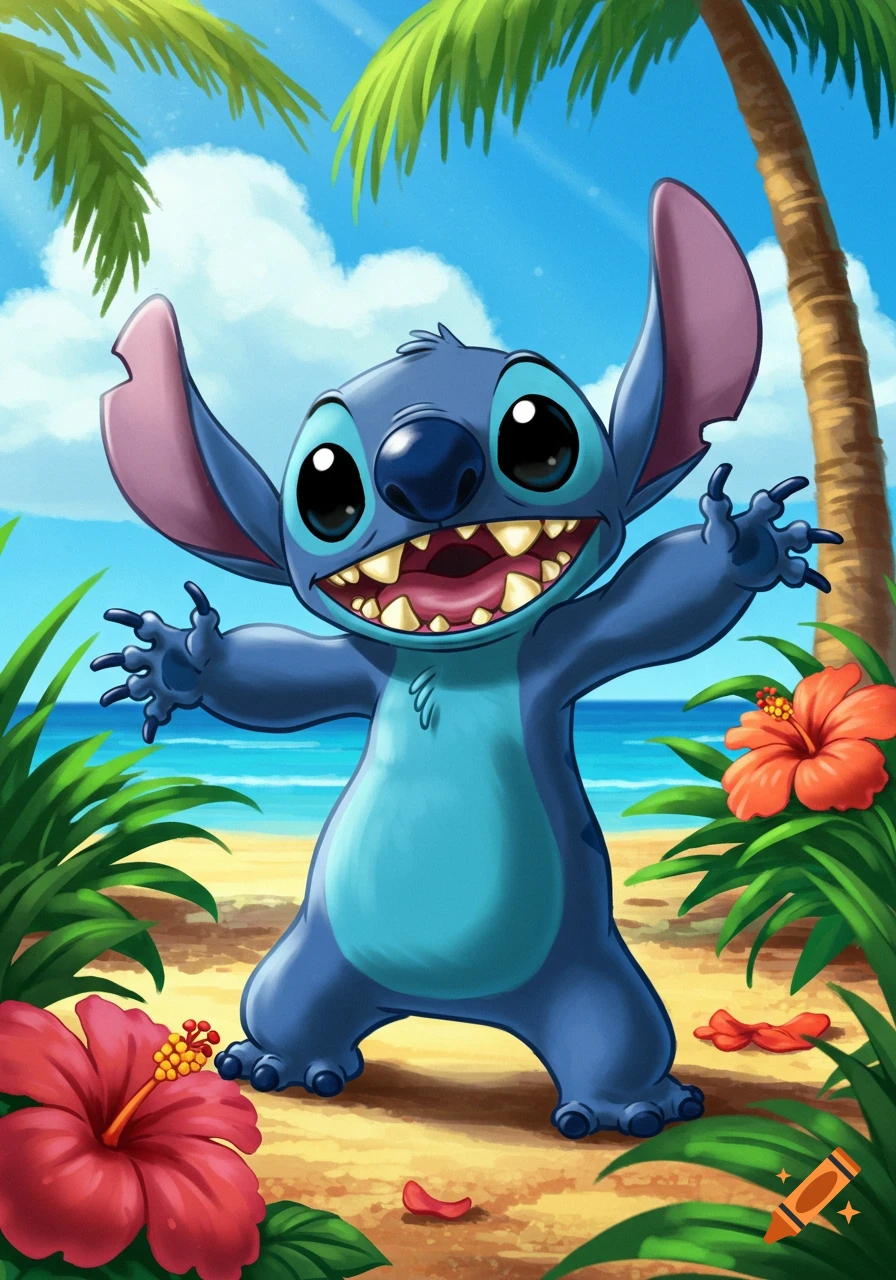 Cute cartoon Stitch sitting on a sandy beach with hibiscus flowers and ...