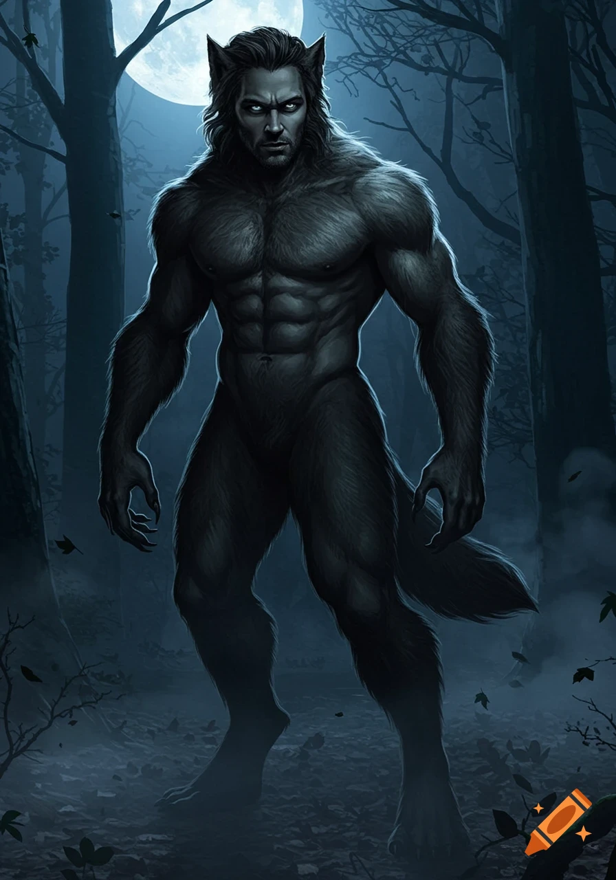 A muscular, furry werewolf with glowing eyes stands in a dark, misty forest under a bright full ...