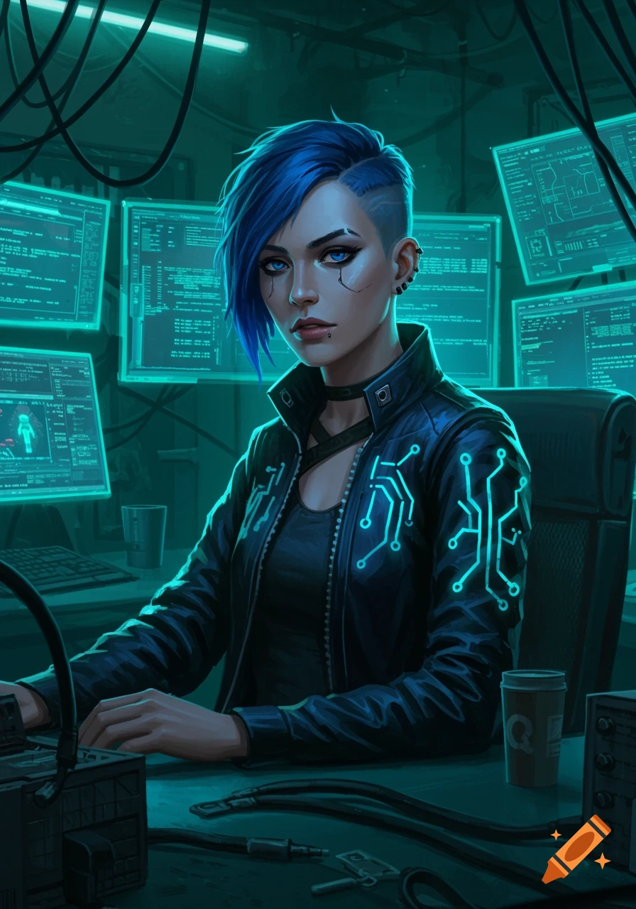 Red-haired hacker with cybernetic implants at a desk with multiple ...